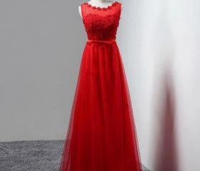 Scoop Neck Red Prom Dress, Sleeveless Lace Appliques Women Evening ...