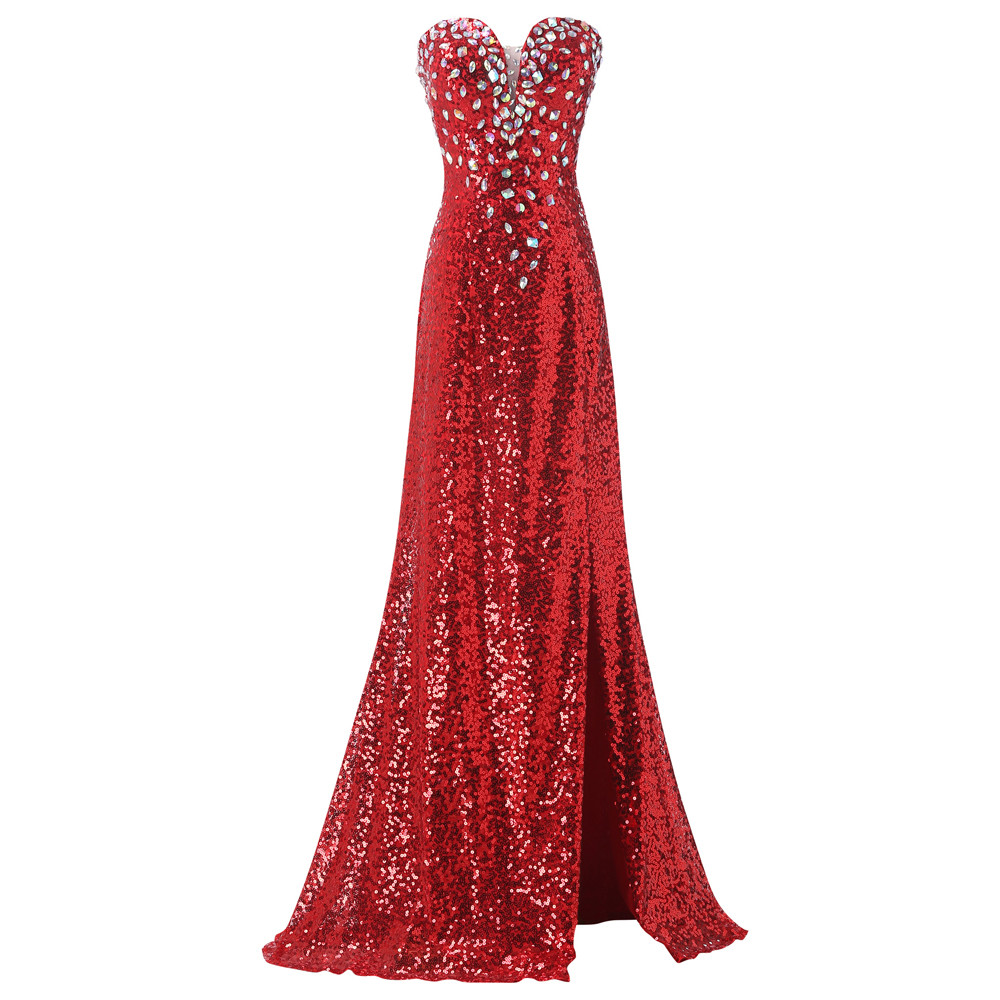 High Slit Long Sequin Prom Dress Strapless Slit Red Women Evening Dress ...