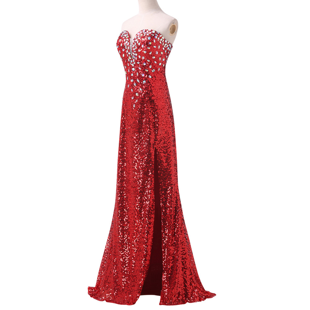 High Slit Long Sequin Prom Dress Strapless Slit Red Women Evening Dress ...