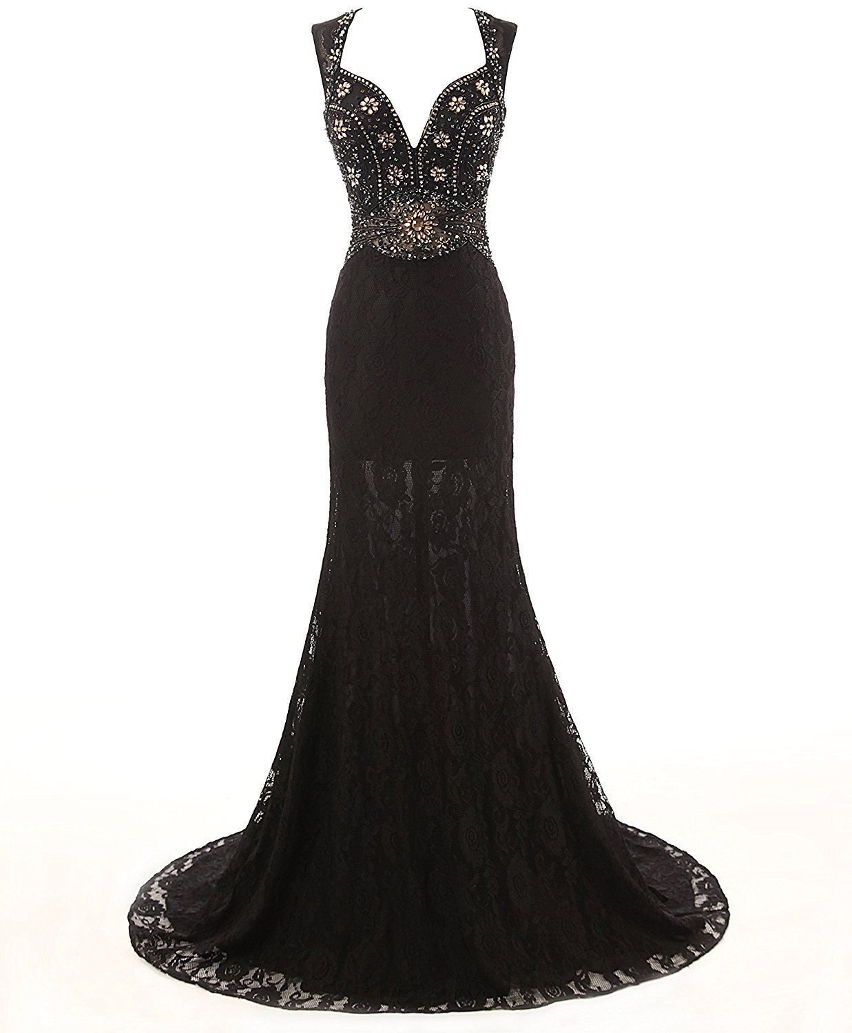 Straps Sheath Long Black Lace Prom Dress Beaded Floor Length Women ...