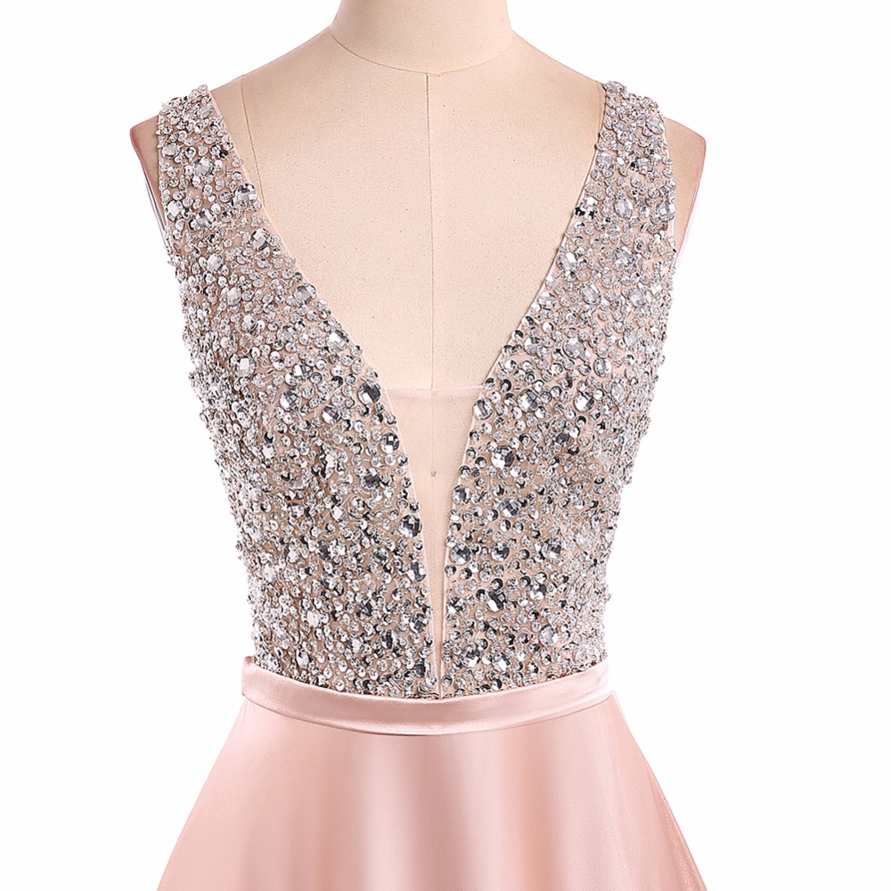 Deep V Neck A-line Tulle Prom Dress Beaded Floor Length Women Evening ...