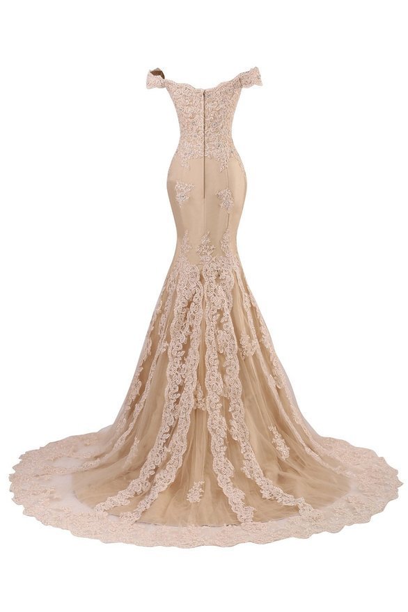 Off The Shoulder Mermaid Long Tulle Prom Dress Lace Appliques Women ...