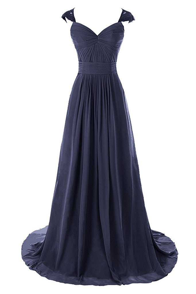 Navy Blue Long Chiffon Prom Dress Pleated Floor Length Women Evening ...