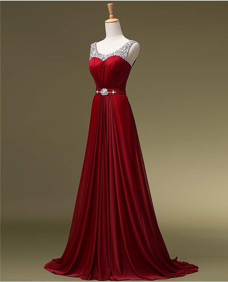 Dark Red Long Chiffon Prom Dresses Scoop Neck Floor Length Crystals ...
